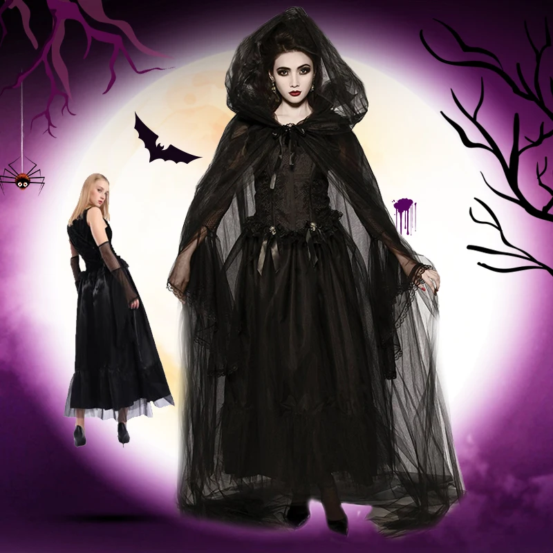 Medieval Vampire Witch Gothic Bride Scary Costume black cloak Cosplay ...