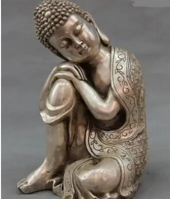 Tibet Buddhism White Copper Bronze Silver ponder Rest Sakyamuni Buddha ...