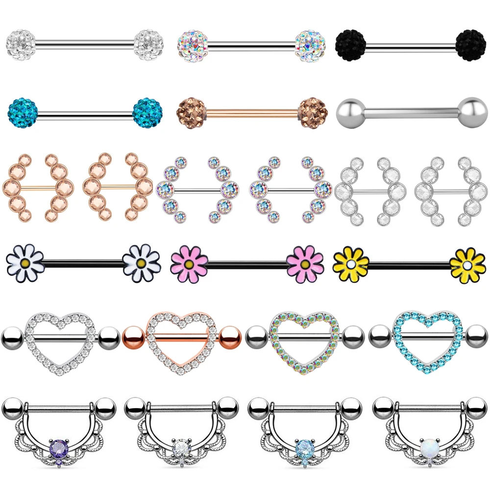 2pcs Titanium Nipple Piercing Heart Barbell 14G Opal Nipple Shield ...