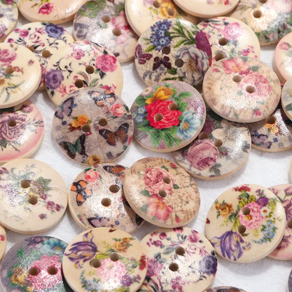 50 Pcs/pack 20mm Retro Round Wood Mixed Two Holes Buttons Flower ...