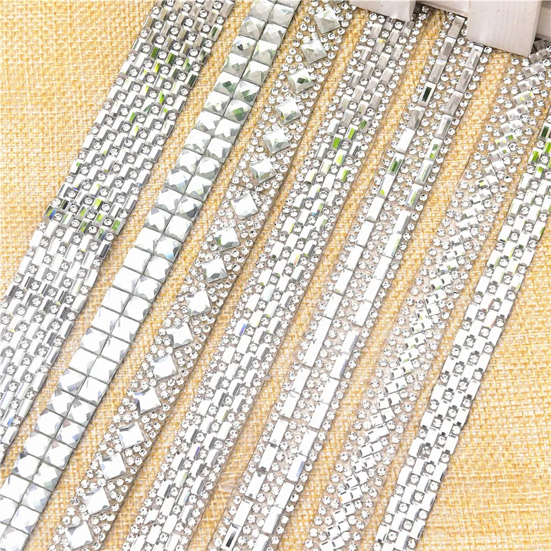 2 Yards/Lot Crystal Rhinestone Trim Hotfix Ribbon Tape Shiny Rectangle ...