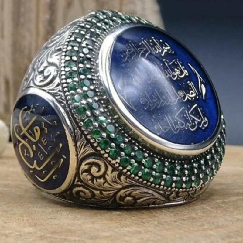 Vintage Turkish Islam Blue Crystal Islamic Finger Ring Men Punk Rock ...
