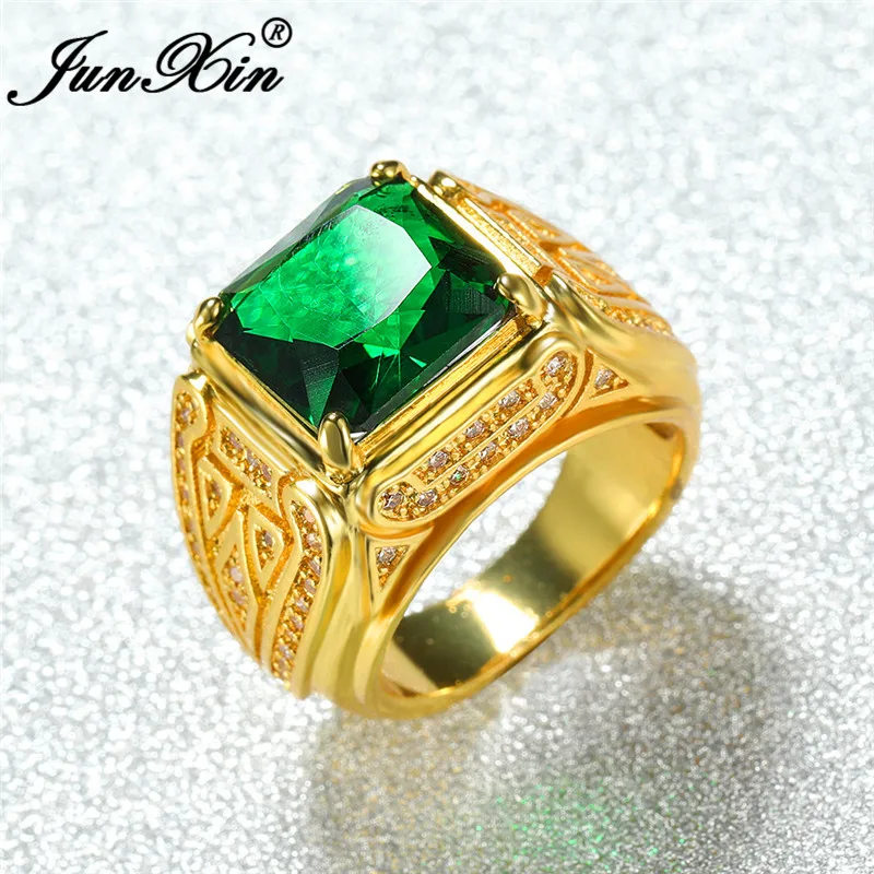 Luxury-Mens-Geometric-Square-Green-Stone-Ring-Yellow-Gold-Wedding-Bands ...