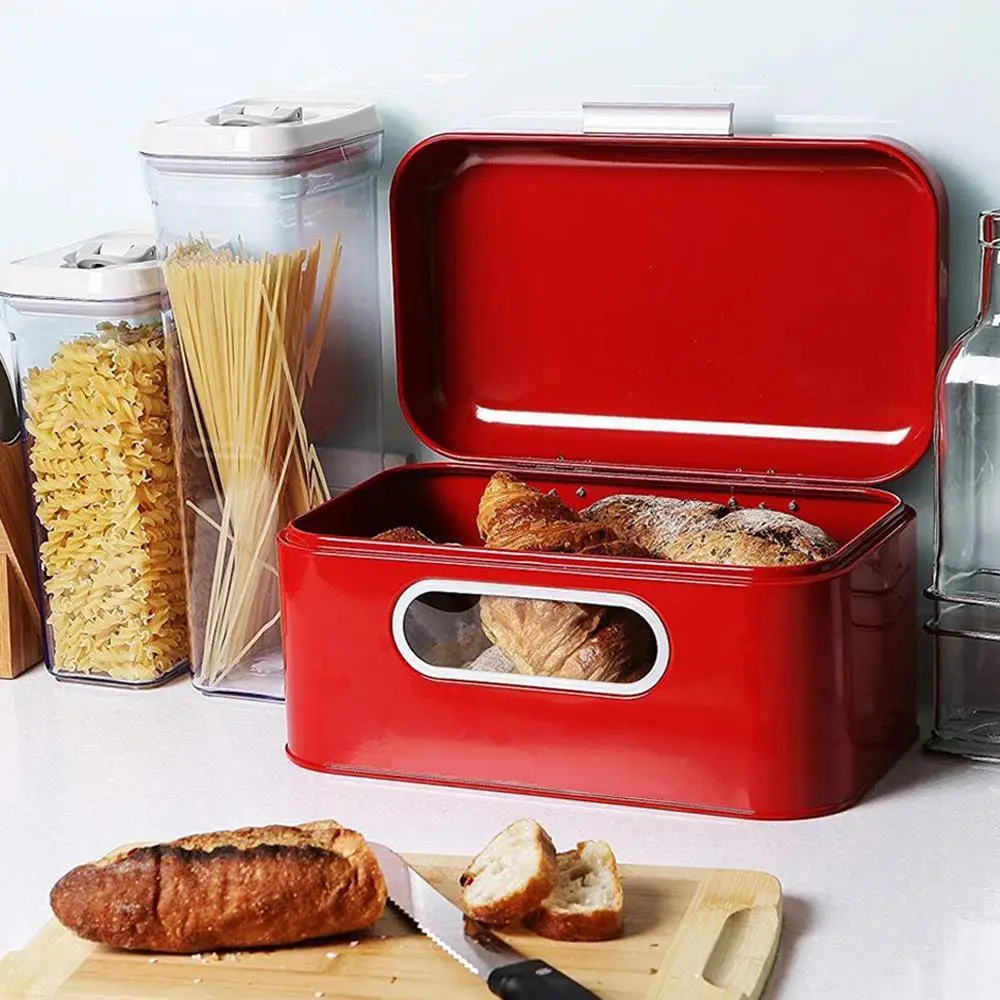 Red-Bread-Box-Food-Storage-Bin-Metal-Red-Container-Kitchen-Countertop ...
