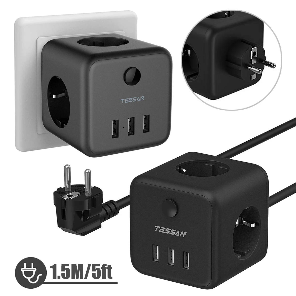 TESSAN-Black-Cube-USB-Socket-Power-Strip-with-Switch-3-Way-Outlets ...