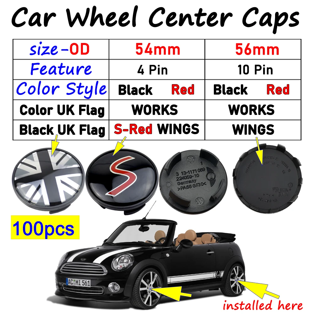 100 Stuks 56Mm 54Mm Auto Wiel Center Hub Cap Velg Cover Voor Mini ...