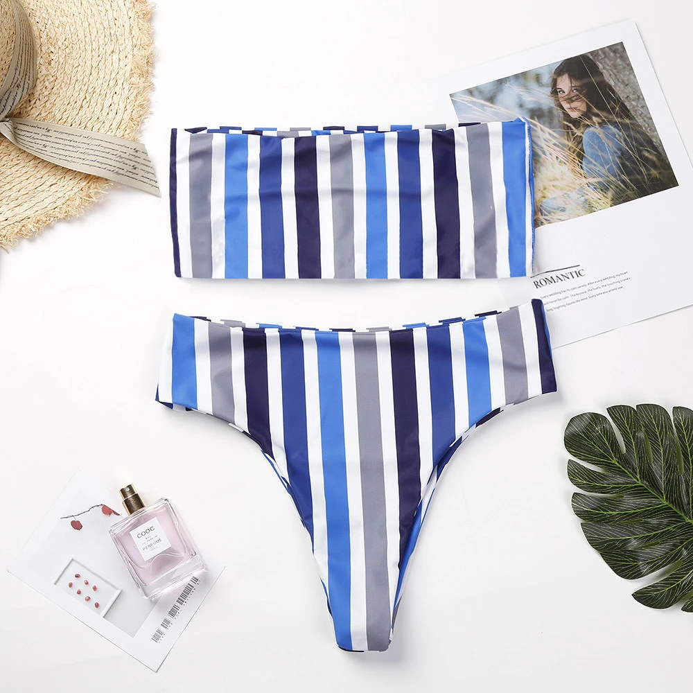 2019 Striped Bikinis Women Sexy Solid Bandeau Biquini Bathing Suit ...