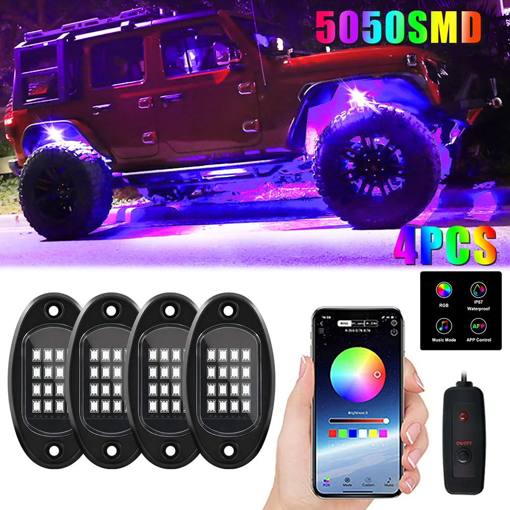 Waterproof-RGB-LED-Rock-Light-Underglow-Neon-LED-Light-Kit-Bluetooth ...