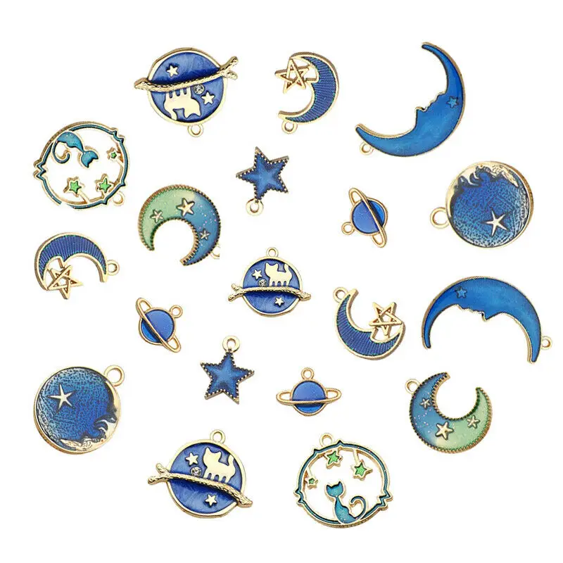 8/24Pcs Cute Moon Star Planet Enamel Charms Exquisite Blue Pendant For ...
