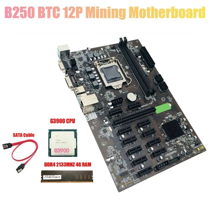 B250 BTC Mining Motherboard with G3900 CPU+DDR4 4G 2133Mhz RAM+Cable LGA 1151 12XGraphics Card ...