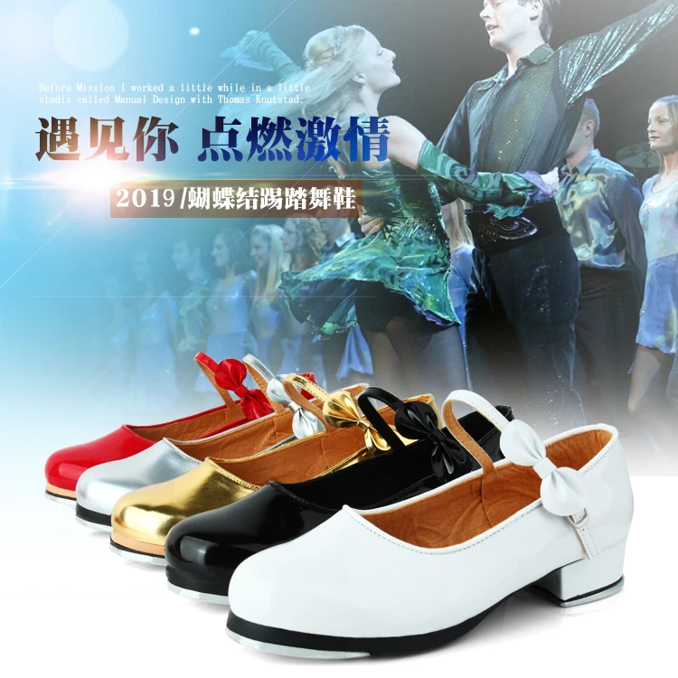 Girls Slide Buckle with Bow Low Heel Tap Shoes Shiny Leather Non skid ...