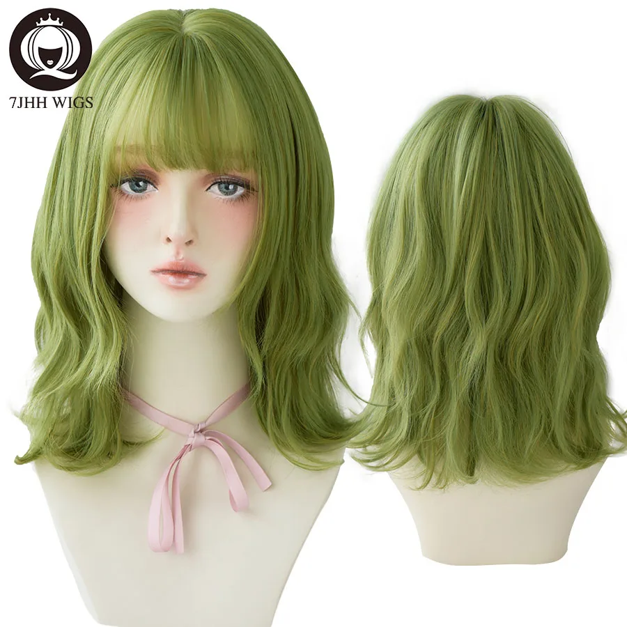 7JHH WIGS Olive Green Deep Wave Wig With Bangs For Women Party Delicate ...
