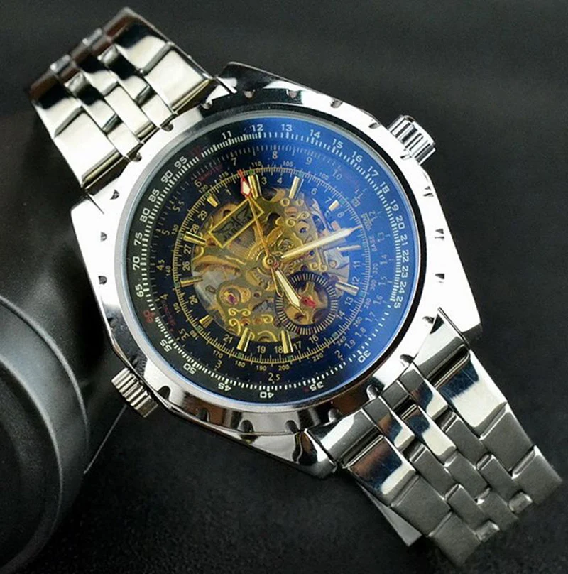 JARAGAR Golden Skeleton Watches Men Luxury Brand Silver Stainless Steel ...