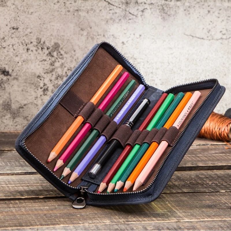 Handmade-Genuine-Cowhide-Leather-Pen-Bag-Zipper-Pencil-Case-Retro ...