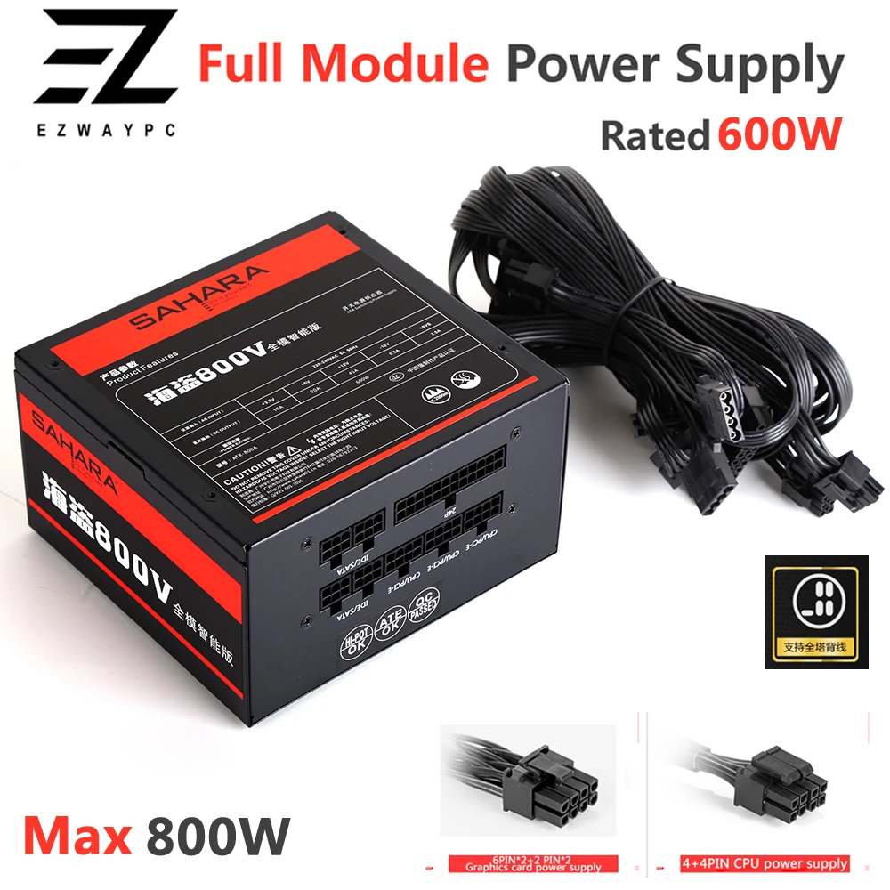 Sahara Pc Gaming Power Supply 800w Max Full Module Psu Rated 600w 24pin ...