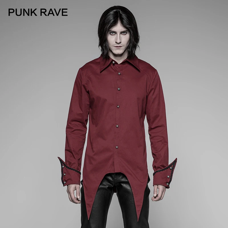Camisa PUNK RAVE para hombre, camisa gótica sencilla de tela de algodón, color negro y rojo ...