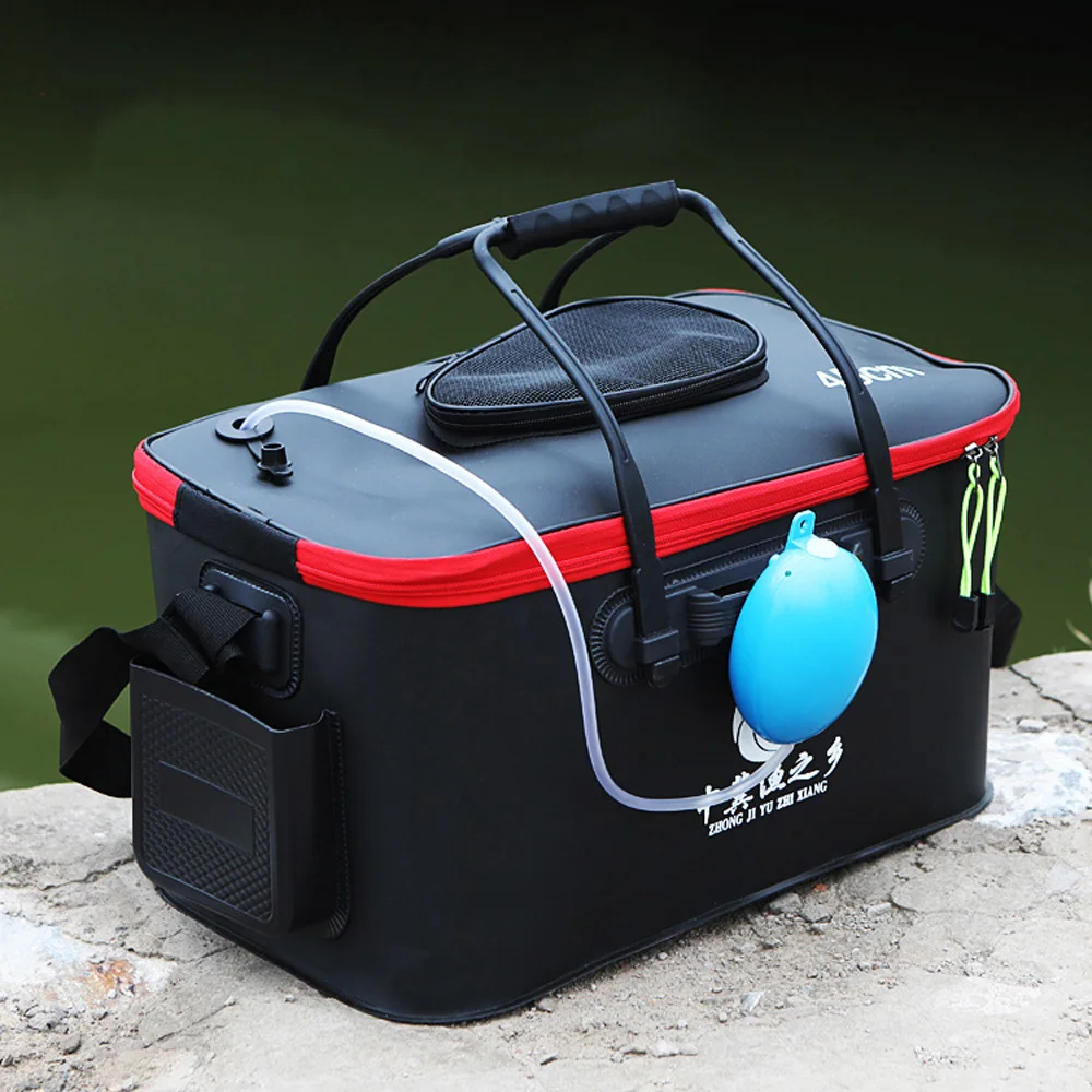 Folding-Thicken-Fishing-Bucket-Live-Fish-Bag-Oxygen-Pump-Outdoor-Sports ...