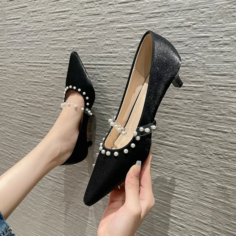 2021 Pearl Small High Heels Shoes Women Pointed Toe Talons Hauts String ...