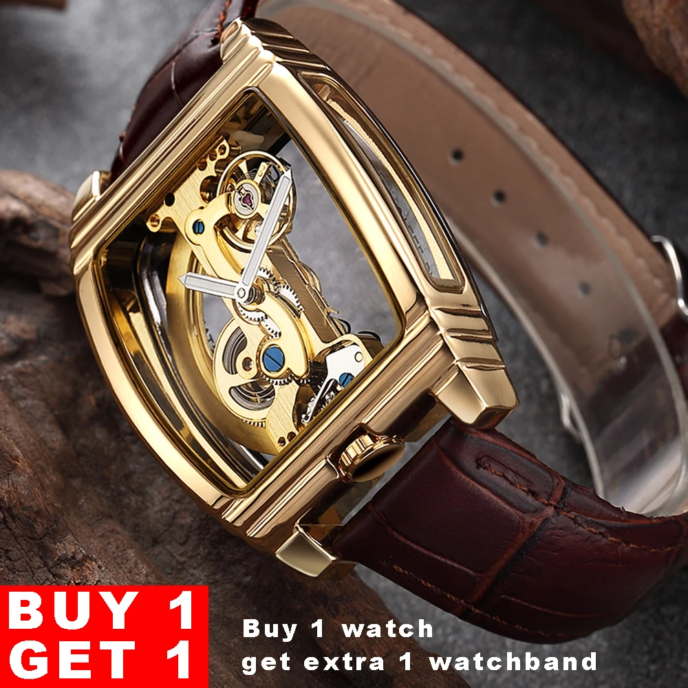 Transparent Tourbillon Mechanical Watch Men Gold Genuine Leather Wrist ...