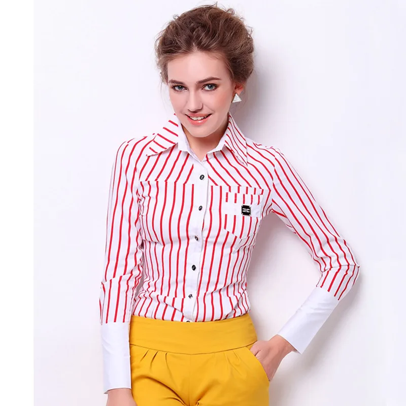 2017 Women Stripes Cotton Office Wear Body Blouse Shirt Ladies Slim ...