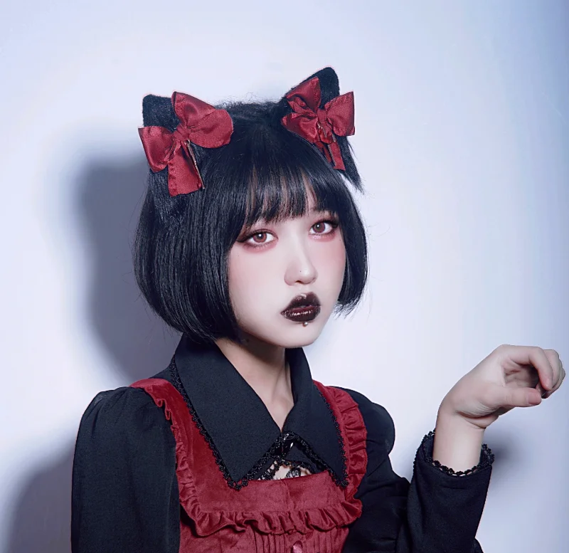 Halloween-Lolita-Gothic-Punk-Maid-Girl-Burgundy-Bow-Black-Cat-Ear-Anime ...