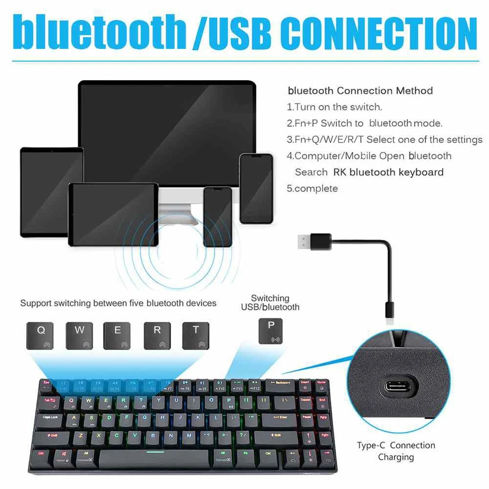 RK71 RGB LED Backlit Mechanical Gaming Keyboard Wireless 71Keys ...