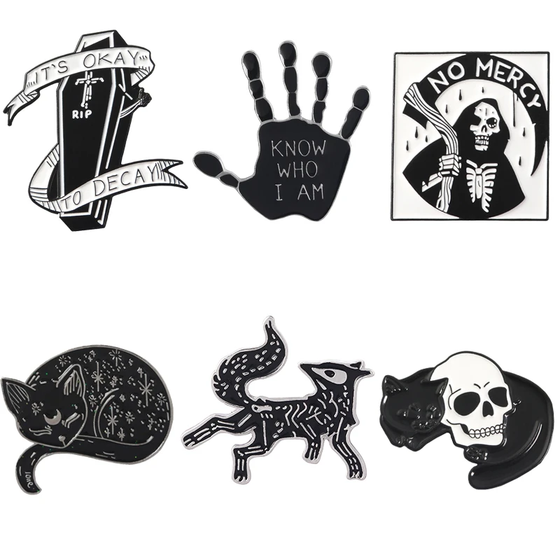 Black Punk Coffin Grim Reaper Magic Sorcerer Cat Skull Hand Palm Enamel ...