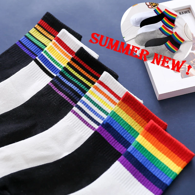 Women Rainbow Stripes Socks Cotton Christmas Gift Classic Socks Warm Casual Funny Cute Pop ...