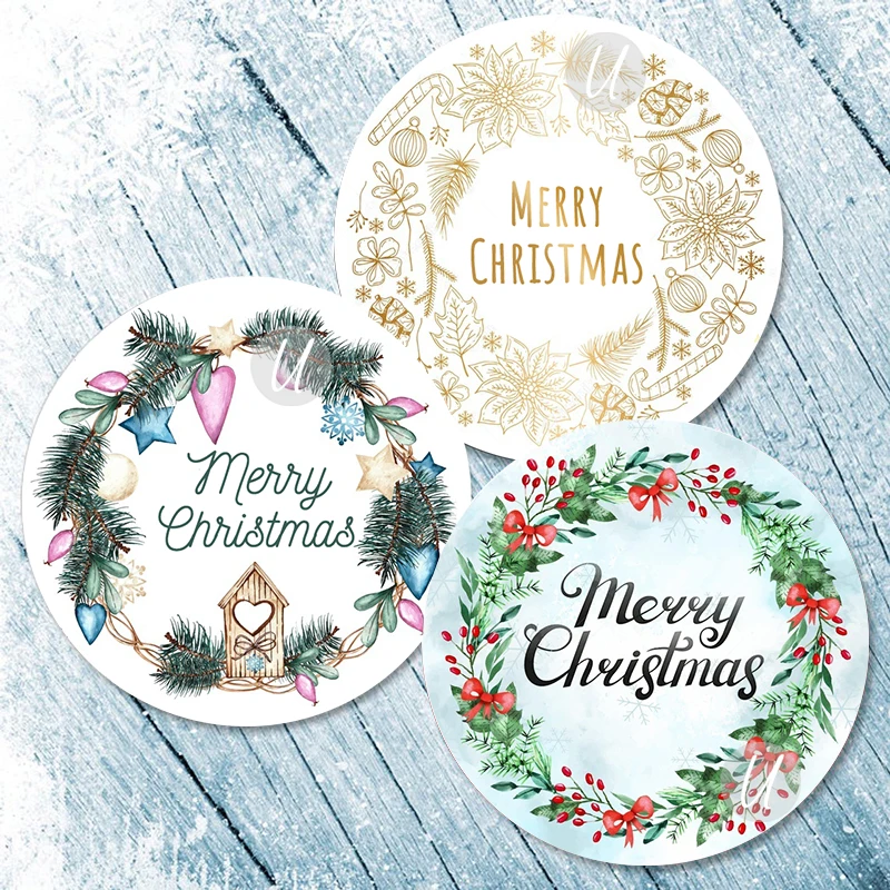 Merry-Christmas-Stickers-Floral-Frame-Christmas-Labels-Happy-New-Year ...