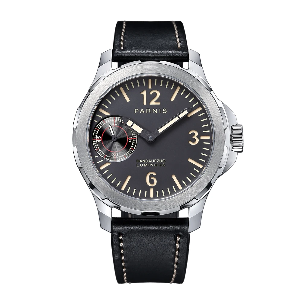 Moda parnis 44mm prata caso pulseira de couro relógio masculino ...