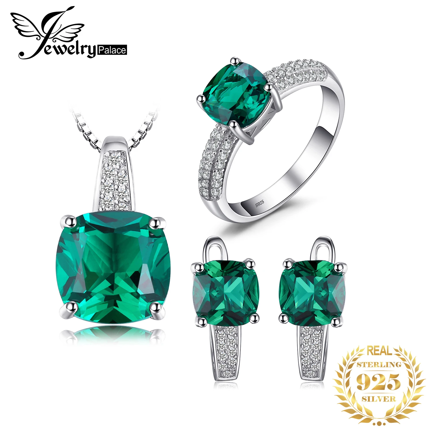 JewelryPalace Simulated Green Emerald Ring Pendant Hoop Earrings ...