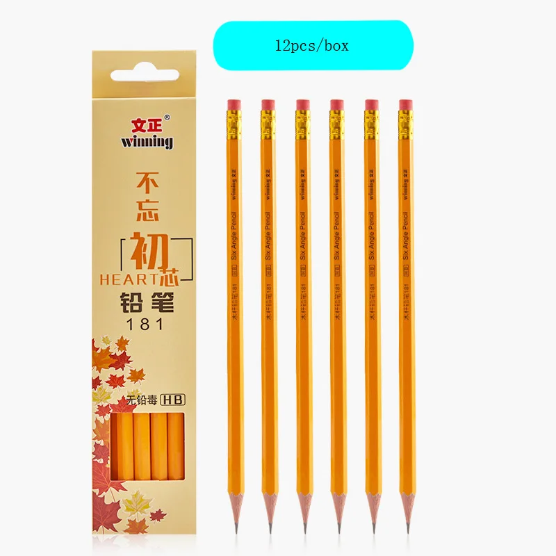 12pcs/set Classic Simplicity Pencil With Rubber Attached Hb Writing ...
