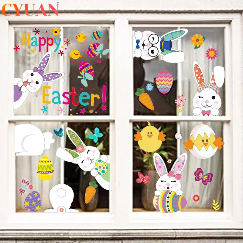 Happy Easter Window Stickers Rabbit Easter Eggs Carrot Chick Glass ...