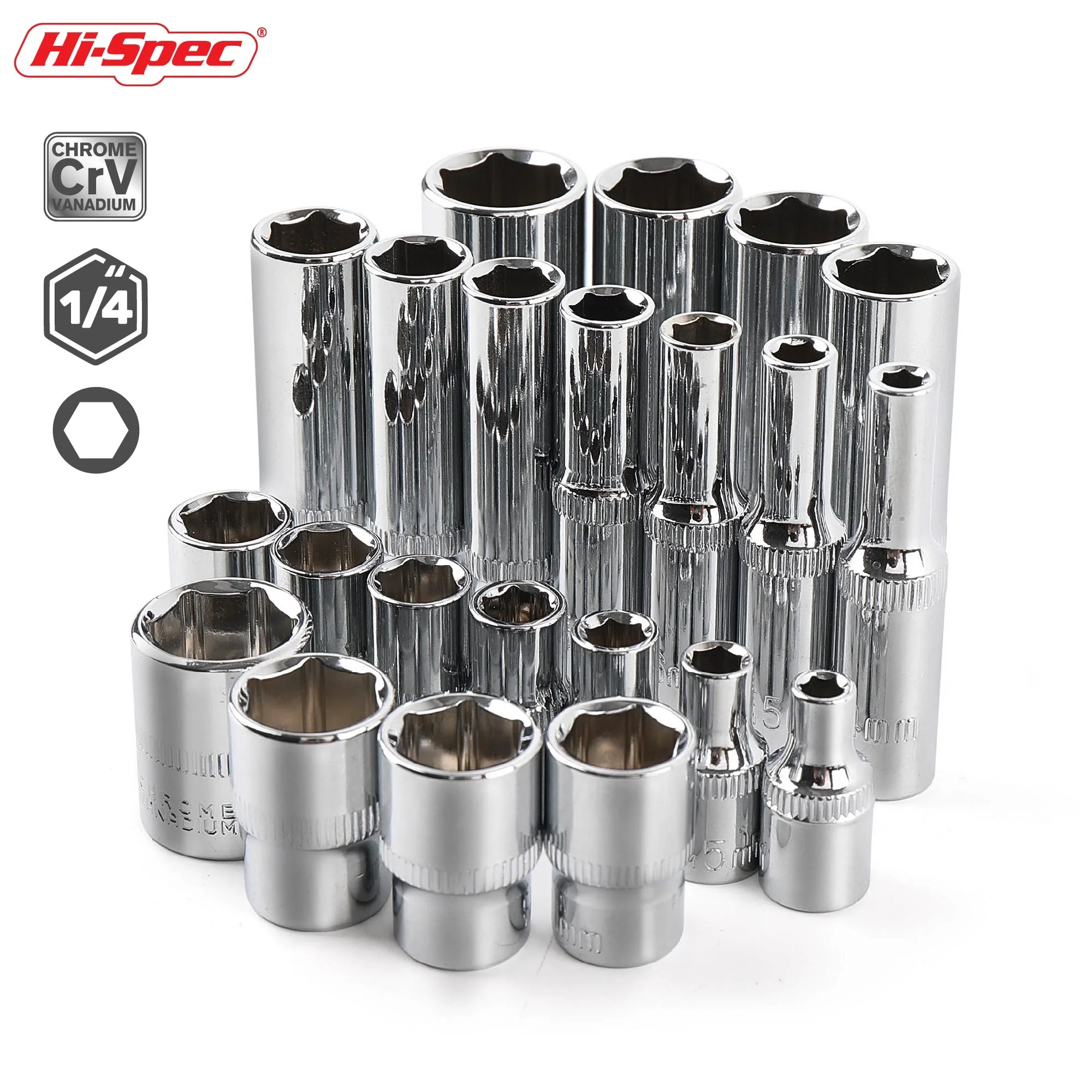 Hi-Spec 1/4" Drive Socket Set 4mm -14mm Long Deep Sockets CRV Hand ...