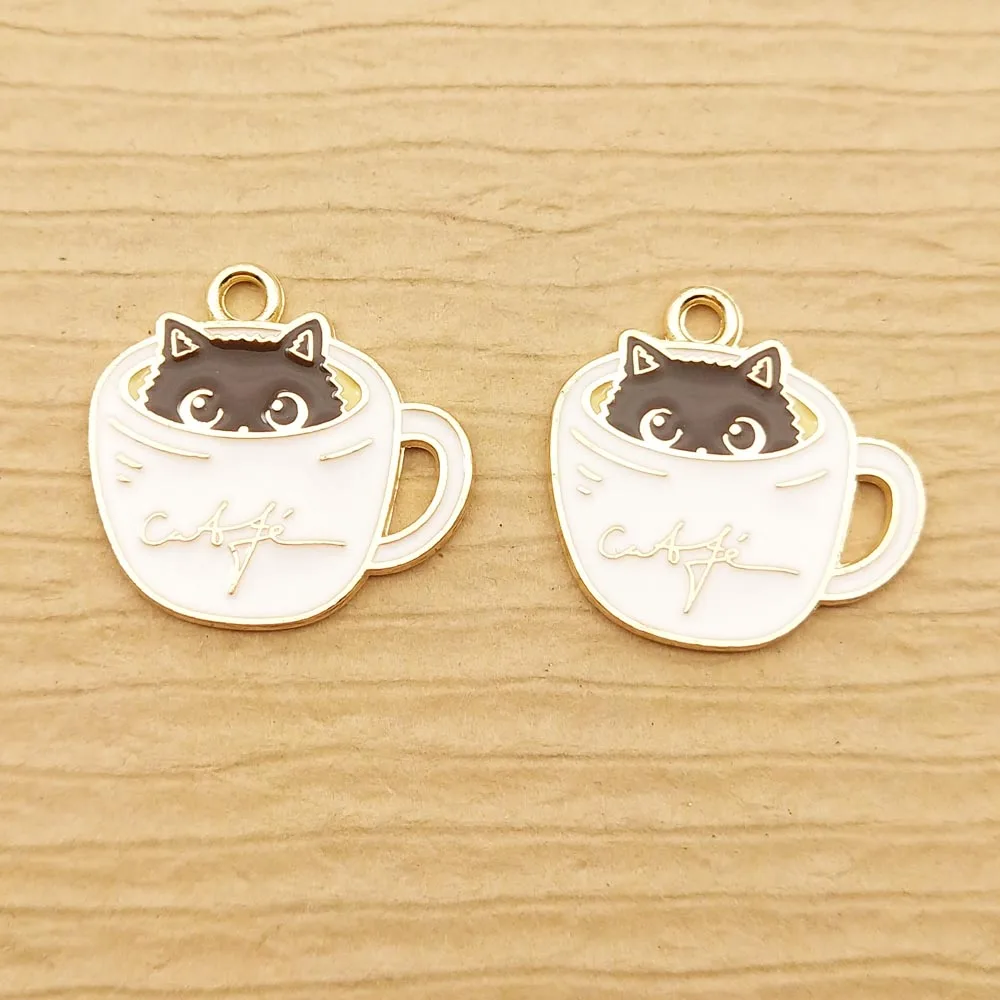 10pcs 19x20mm Enamel Cup Cat Charm For Jewelry Making Kawaii Earring ...