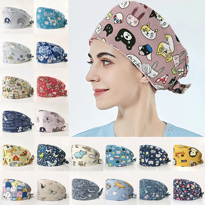 Unisex Printed Nurse Cap Adjustable Working Cap Animal Printed Bouffant ...