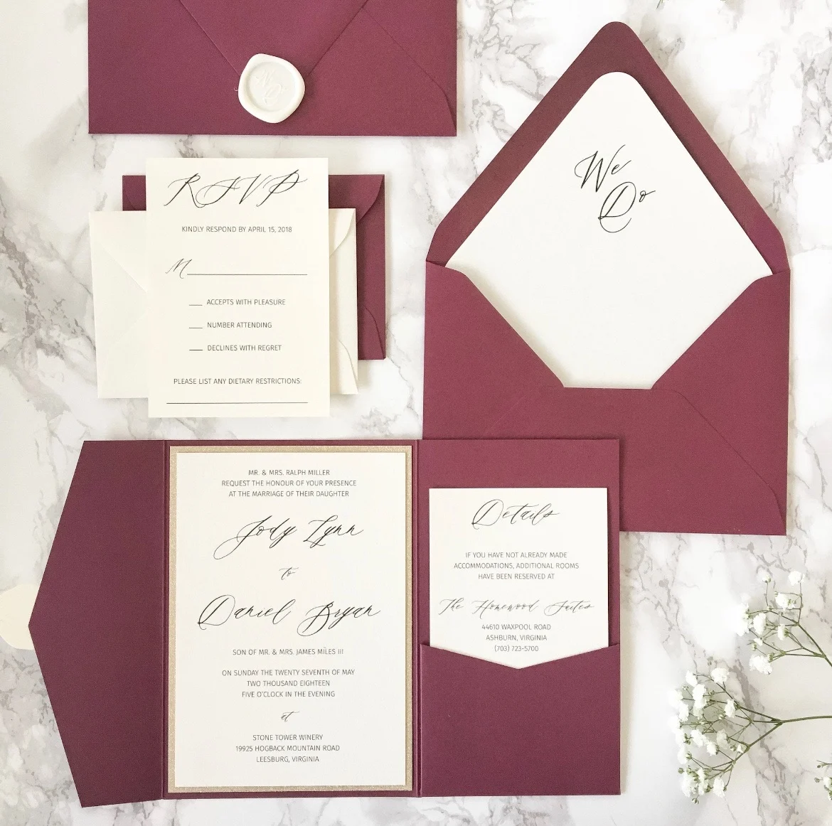 Burgundy-and-gold-glitter-pocket-wedding-invitation-with-match-envelope ...