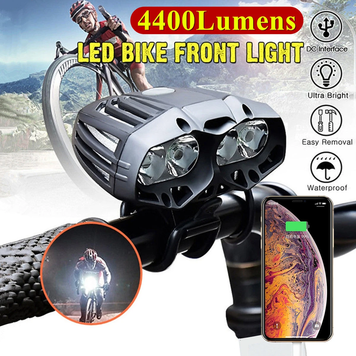 CREE XML T6 DC Rechargeable 4LED Bicycle Headlights Mountain Bike USB ...
