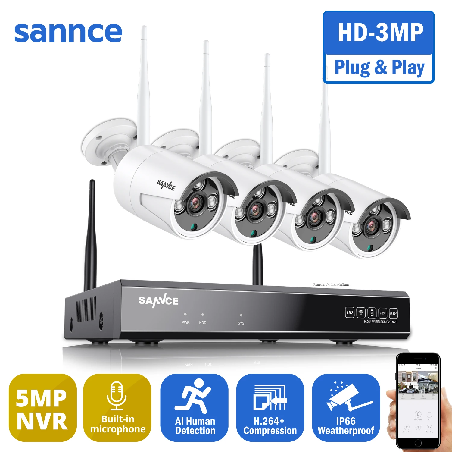 SANNCE 8CH Wireless NVR CCTV System 3MP IP Camera WIFI Audio Recording ...