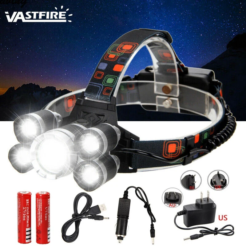 VASTFIRE 슈퍼 브라이트 5XLED 헤드라이트, 충전식 Led 헤드램프, 낚시, 캠핑, 사냥, 토치 + 2x18650 ...