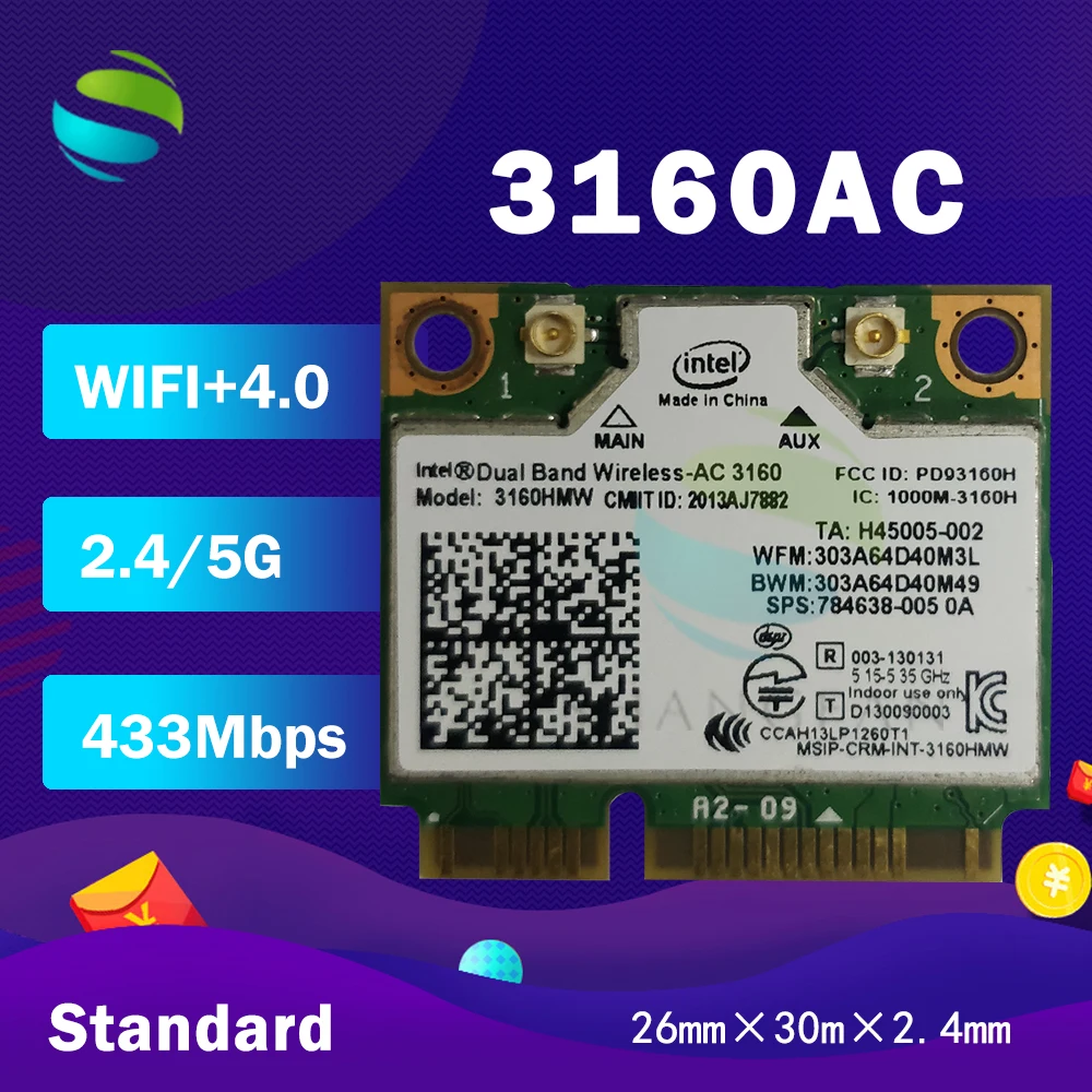 デュアルバンドWireless AC3160 3160HMW ac 3160ACハーフミニpci eのwi fi 802.11 ac ...