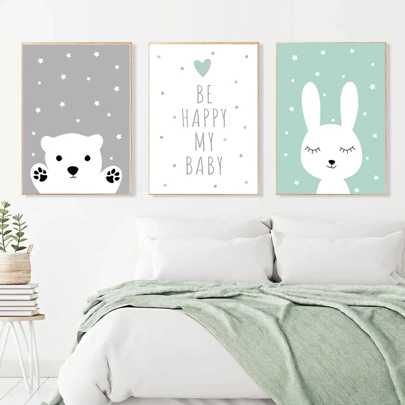 Cartoon-Rabbit-Bear-Be-Happy-My-Baby-Poster-Wall-Art-Print-Canvas ...