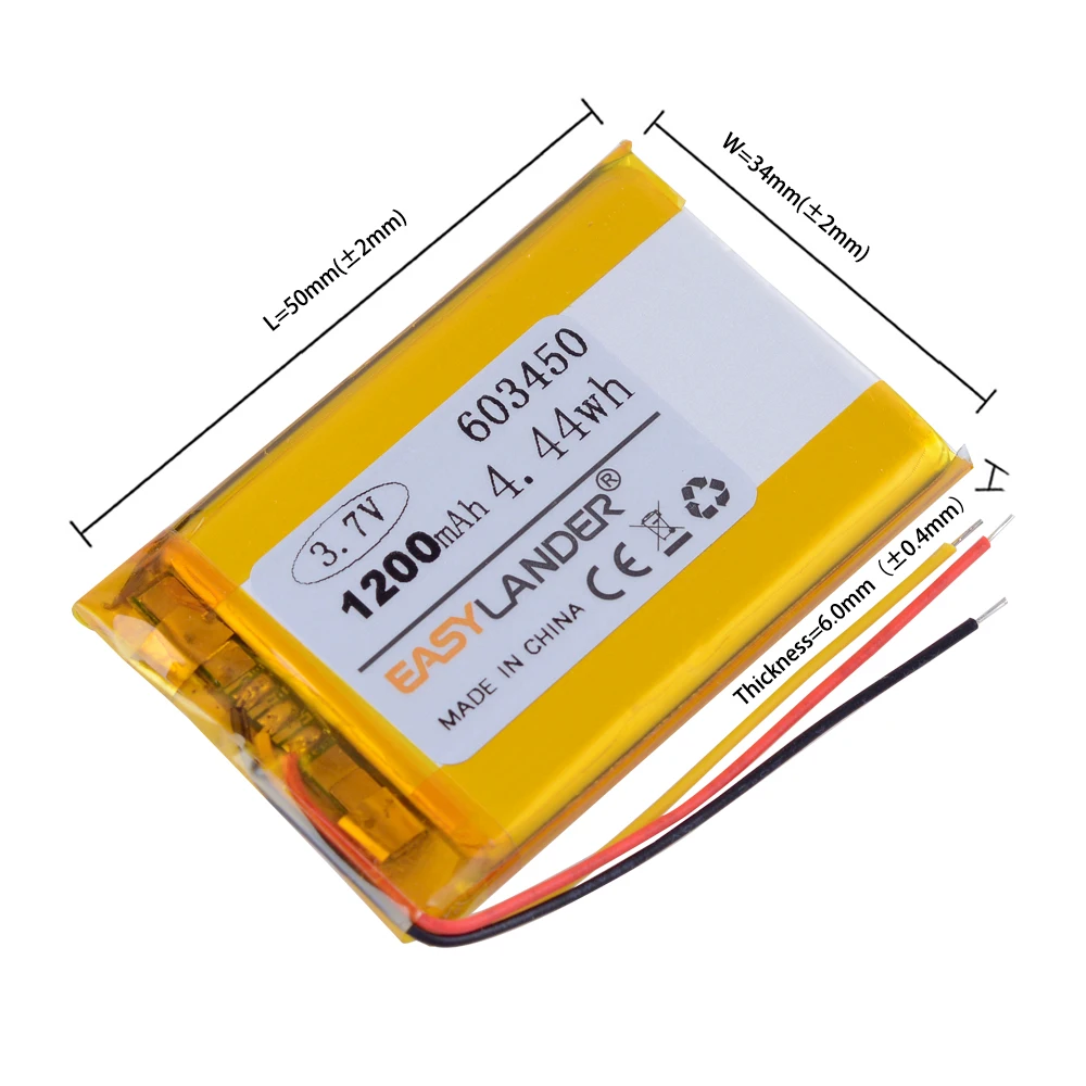 3 Wires 3.7V 1200mAh 603450 Lithium Polymer LiPo Rechargeable Battery ...