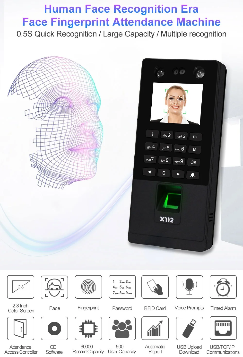 Biometric Facial Access Control Keypad System RFID Fingerprint Time Attendance Machine Support ...