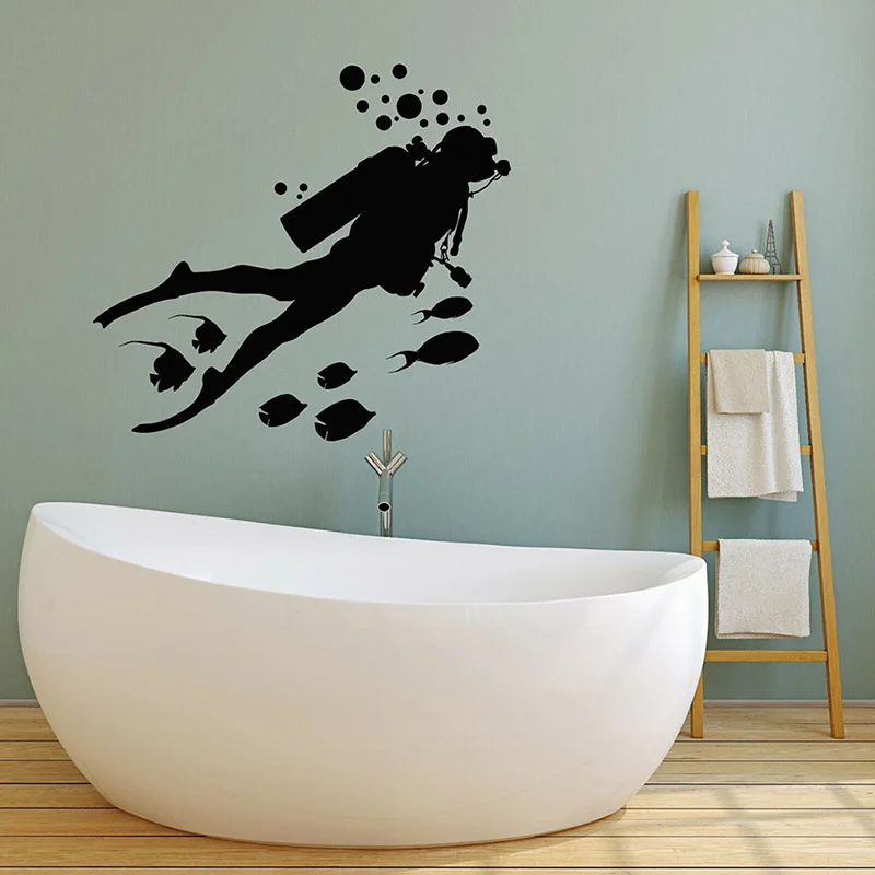 Scuba-Diving-Vinyl-Sticker-Diver-Fishes-Bubbles-Underwater-Art-Wall ...