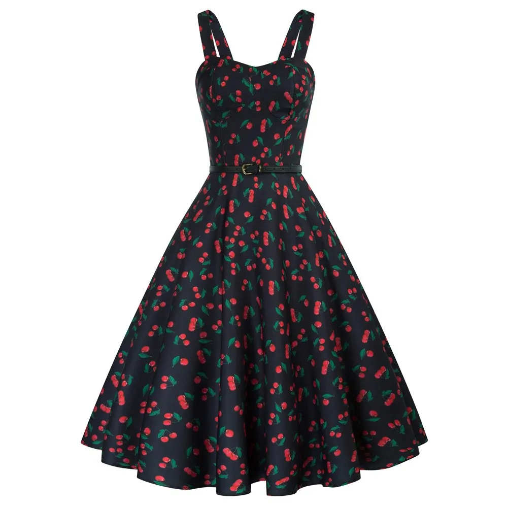 BP-Women-Cherries-Print-Dress-With-Belt-Sweetheart-Neck-Flared-A-Line ...