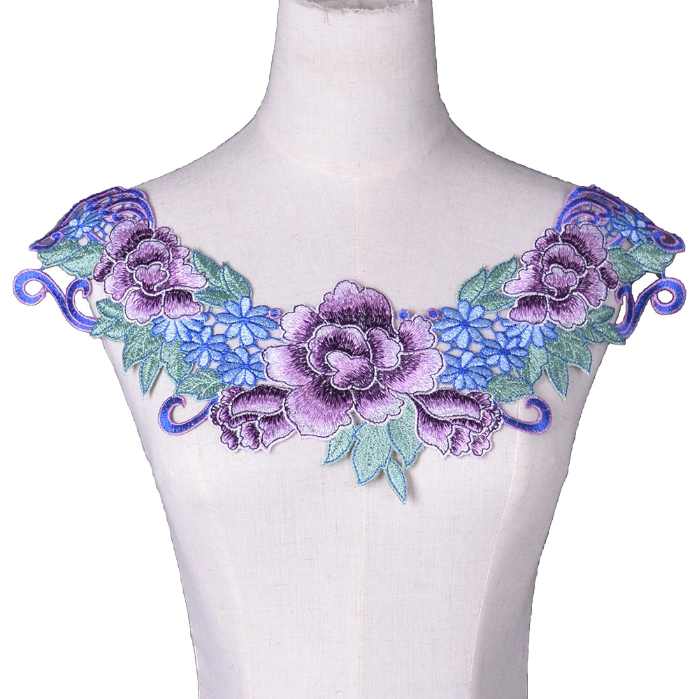 1 Pc Blue Embroidery Lace Neckline Collar 3d Flower Lace Applique ...