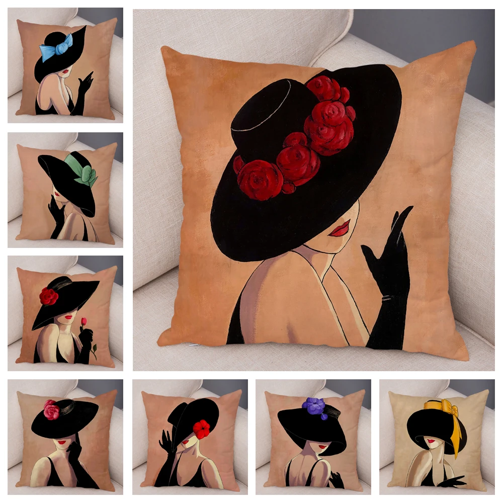 Vintage-Style-Elegant-Lady-Cushion-Cover-Decor-European-Hat-Women-Print ...