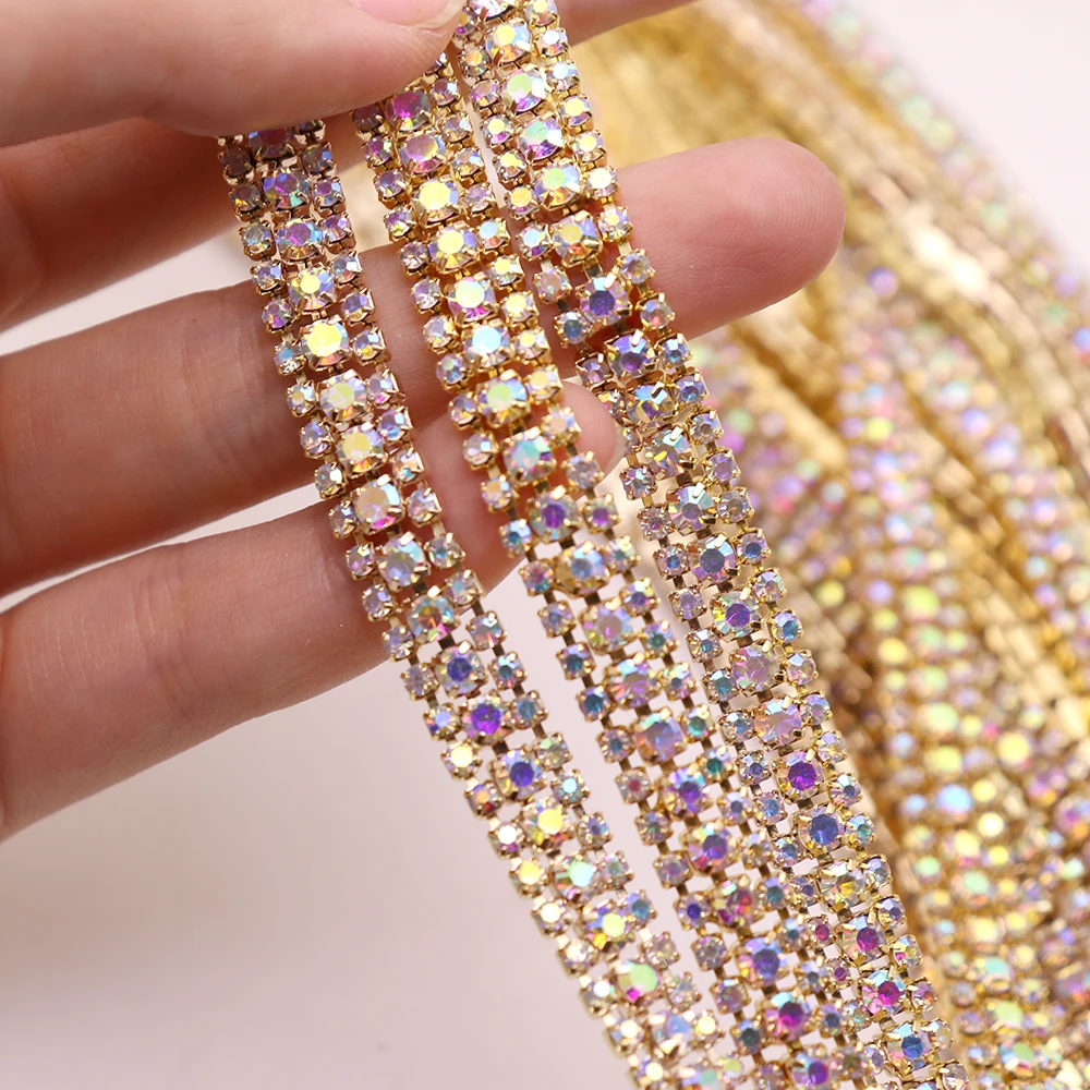 1 yard 3 rows crystal AB Rhinestone Cup Chain with Gold Base Claw Sew ...