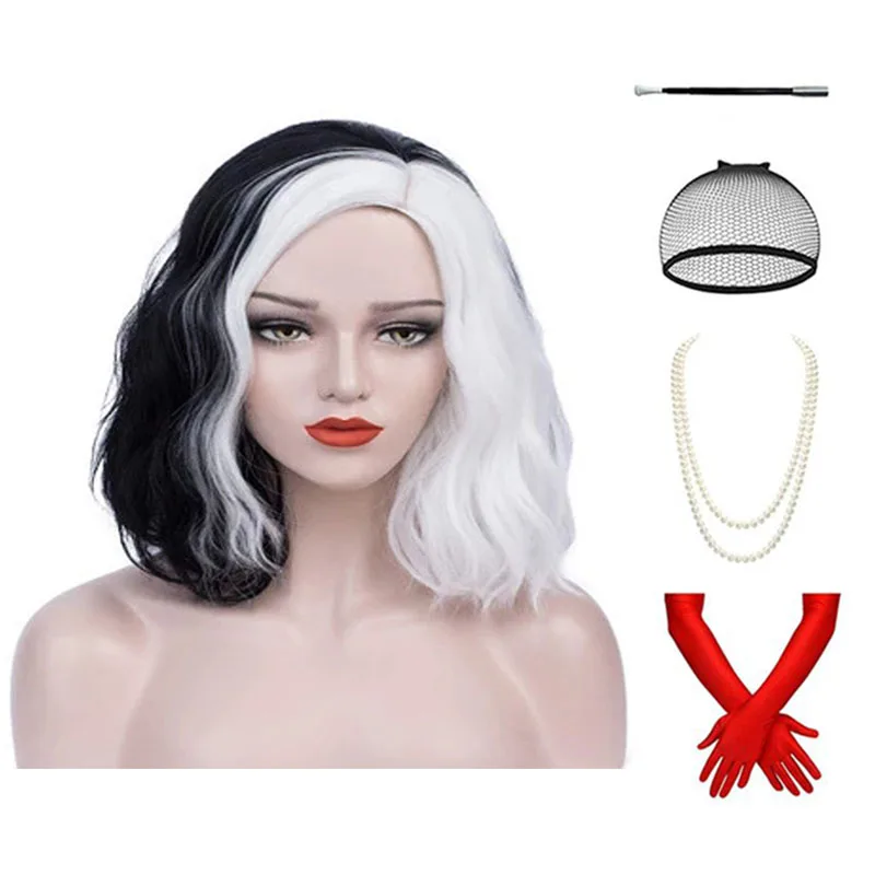 Cruella-Deville-de-Vil-White-Black-Wig-for-Deville-Hair-Short-Curly ...